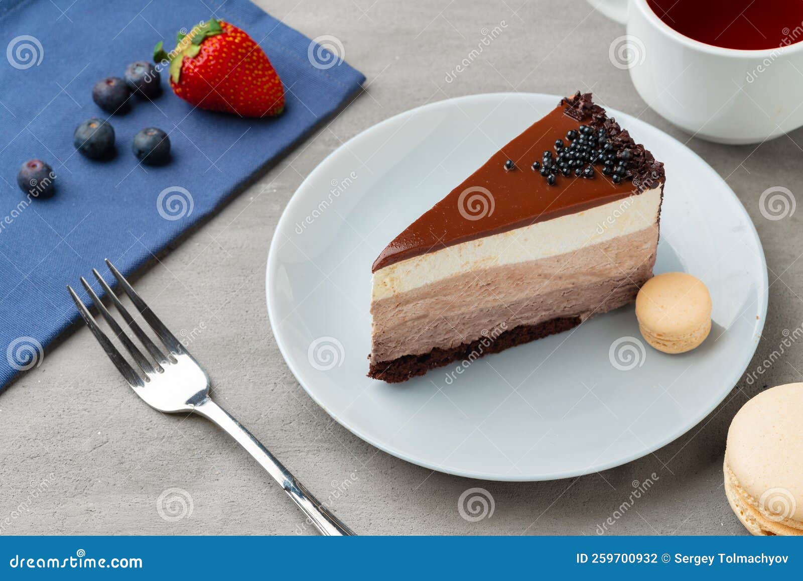 Three Chocolate Cake Slice on White Plate Stock Photo - Image of layer ...