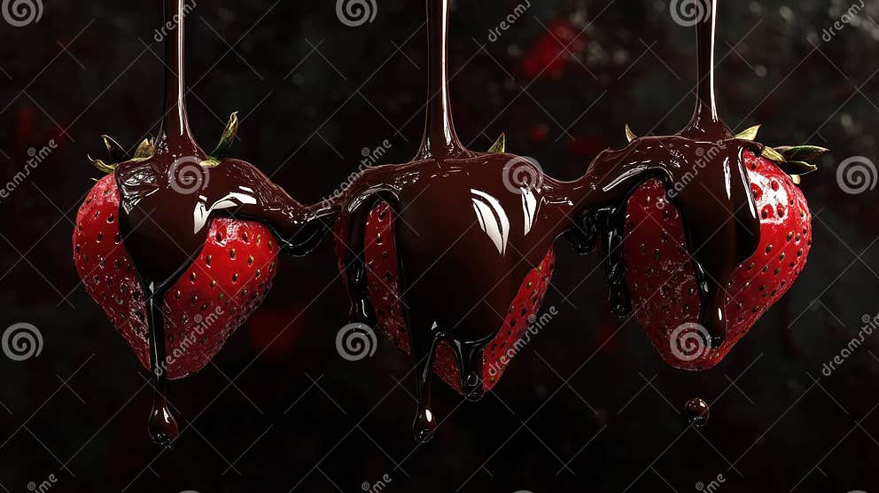 Three Chocolate Covered Strawberries Hanging from a String Against a ...