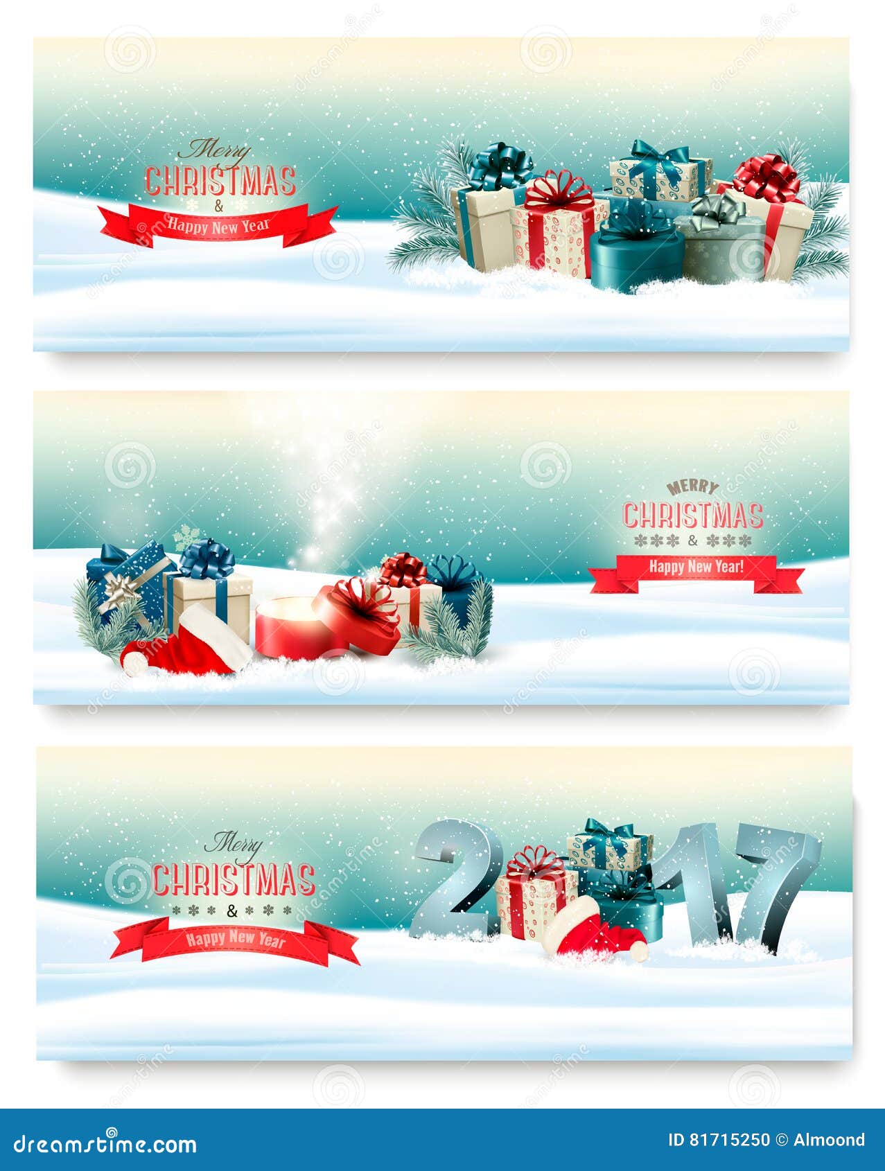 Three Christmas Banners with Presents and Magic Box. Stock Vector ...