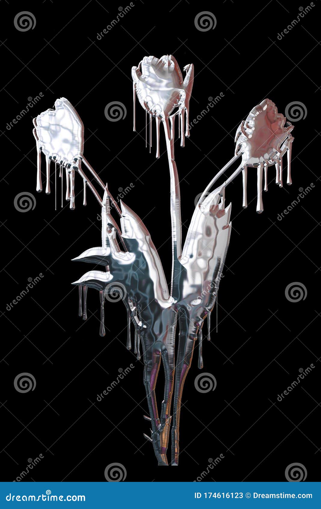 Three Chrome Flowers on Black Background Stock Image - Image of ...