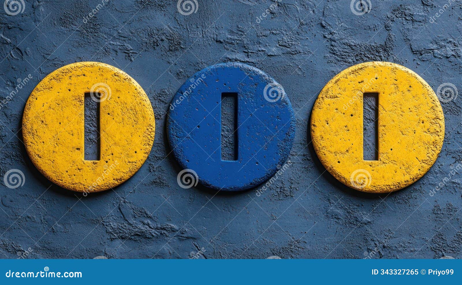 Three Circular Buttons in Yellow and Blue on a Blue Background Stock ...
