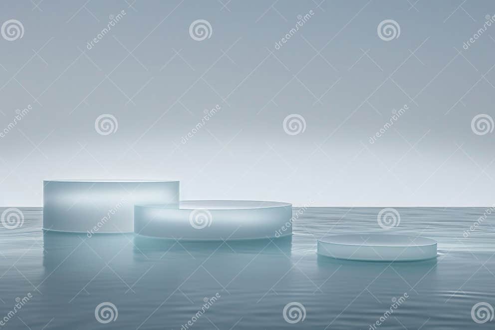 Three Circular Platforms Float Gracefully upon a Calm, Shimmering ...