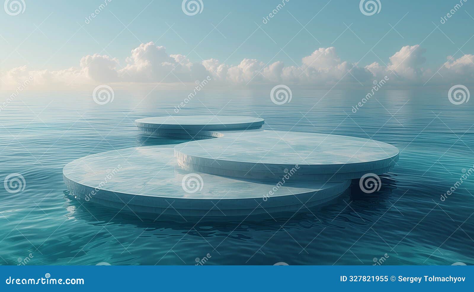 Three White Platforms Floating on Calm Ocean Water Under a Cloudy Sky ...