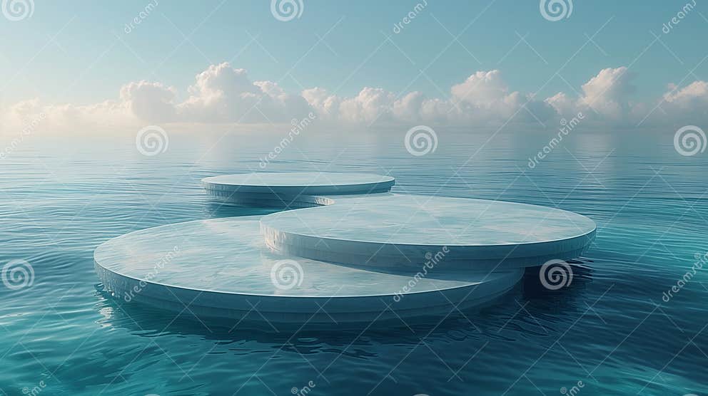 Three White Platforms Floating on Calm Ocean Water Under a Cloudy Sky ...