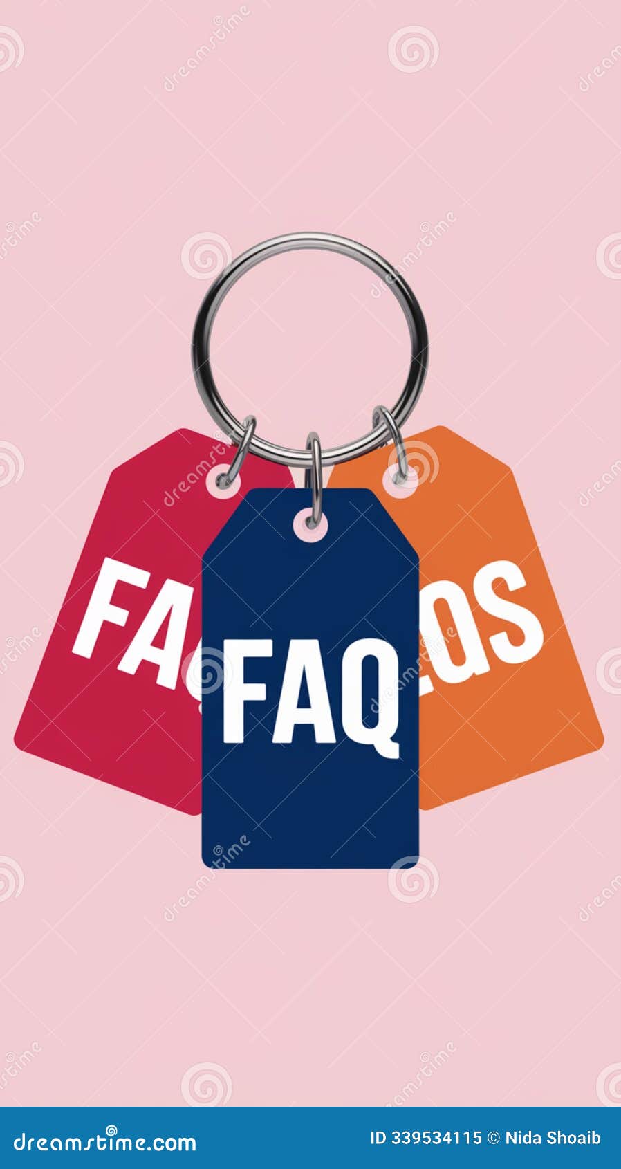 Three Circular Tags, Red, Blue, Orange, Central Tag Labeled FAQs, Plain ...