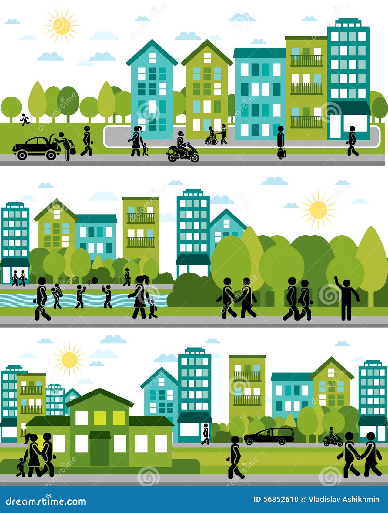 Three city life scenes stock vector. Illustration of park - 56852610