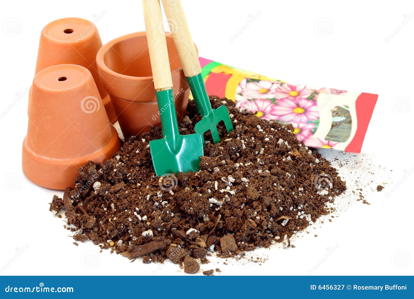 Three Clay Pots, Soil And Tools Stock Image | CartoonDealer.com #5879647
