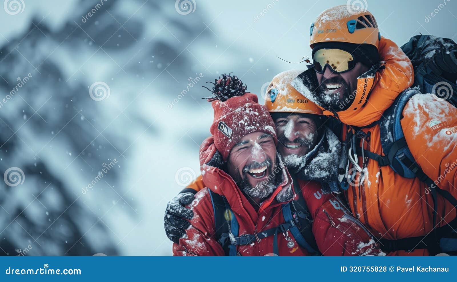 Three Climbers Hug in Celebration after Reaching a Summit in a Snowy ...