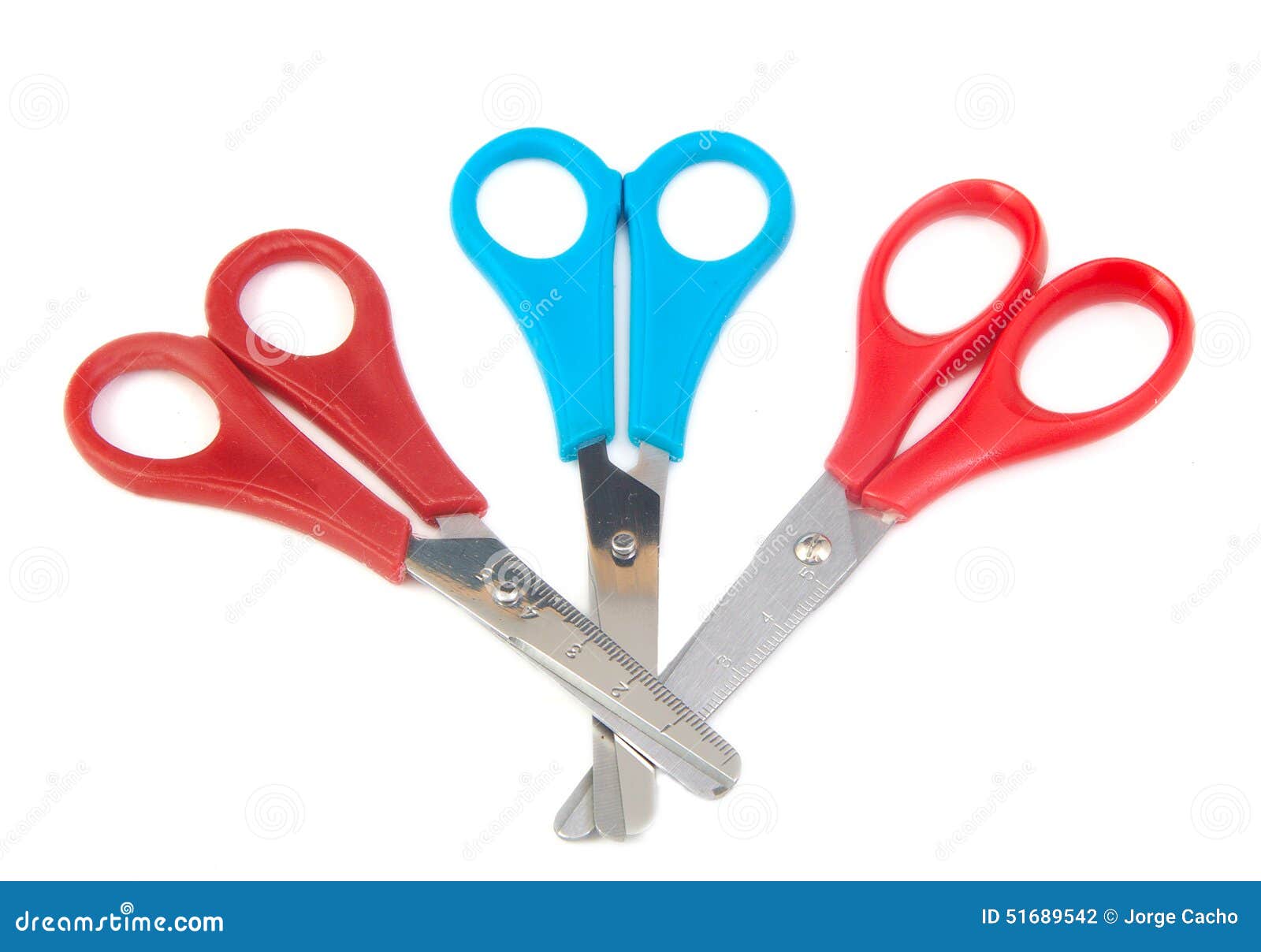 Three Closed Blue and Red Scissors for Kids on a Stock Photo - Image of ...
