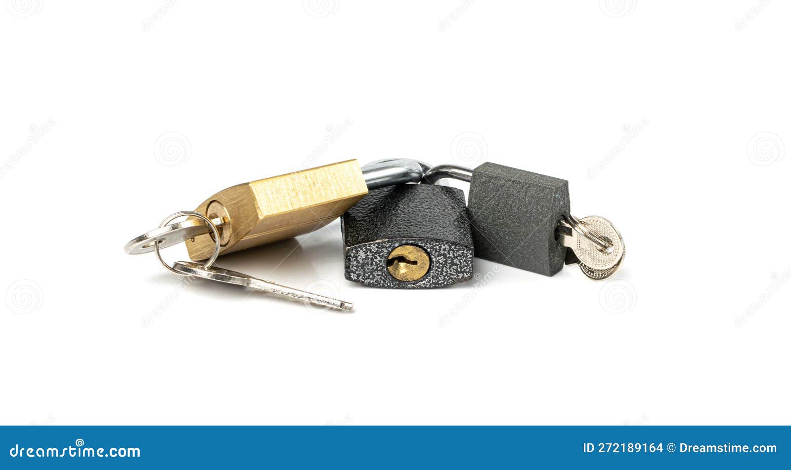 Three Closed Locks Isolated, Golden and Black Padlocks Locked Together ...