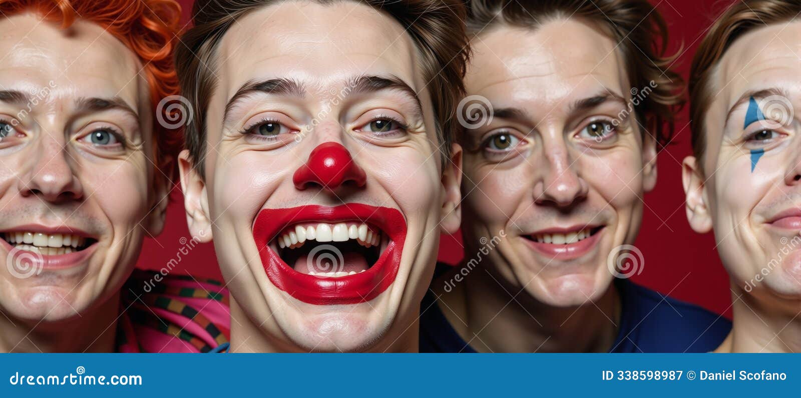 Three Clown Masks Showing Different Expressions Three Grimacing One ...
