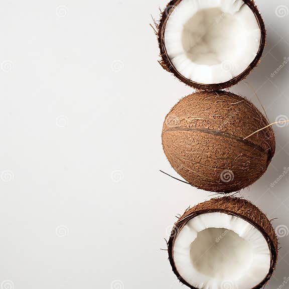 Three Coconuts are Arranged in a Row on a White Surface Stock ...