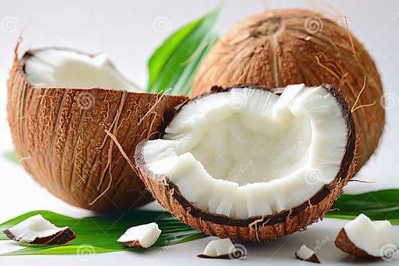Three Coconuts with One of Them Cut Open. Stock Image - Image of tropic ...