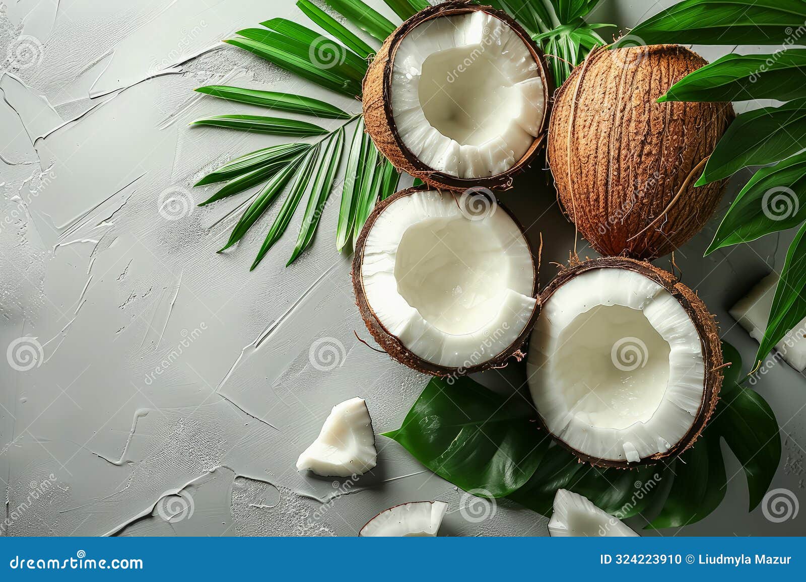 Three Coconuts with One of Them Cut Open. Stock Photo - Image of coco ...