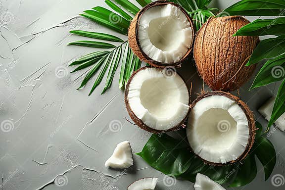 Three Coconuts with One of Them Cut Open. Stock Photo - Image of coco ...