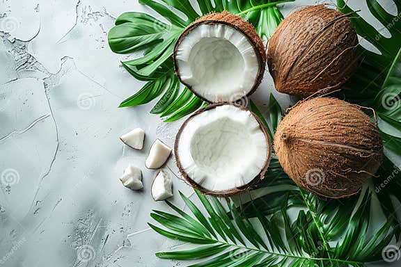 Three Coconuts with One of Them Cut Open Stock Photo - Image of gourmet ...