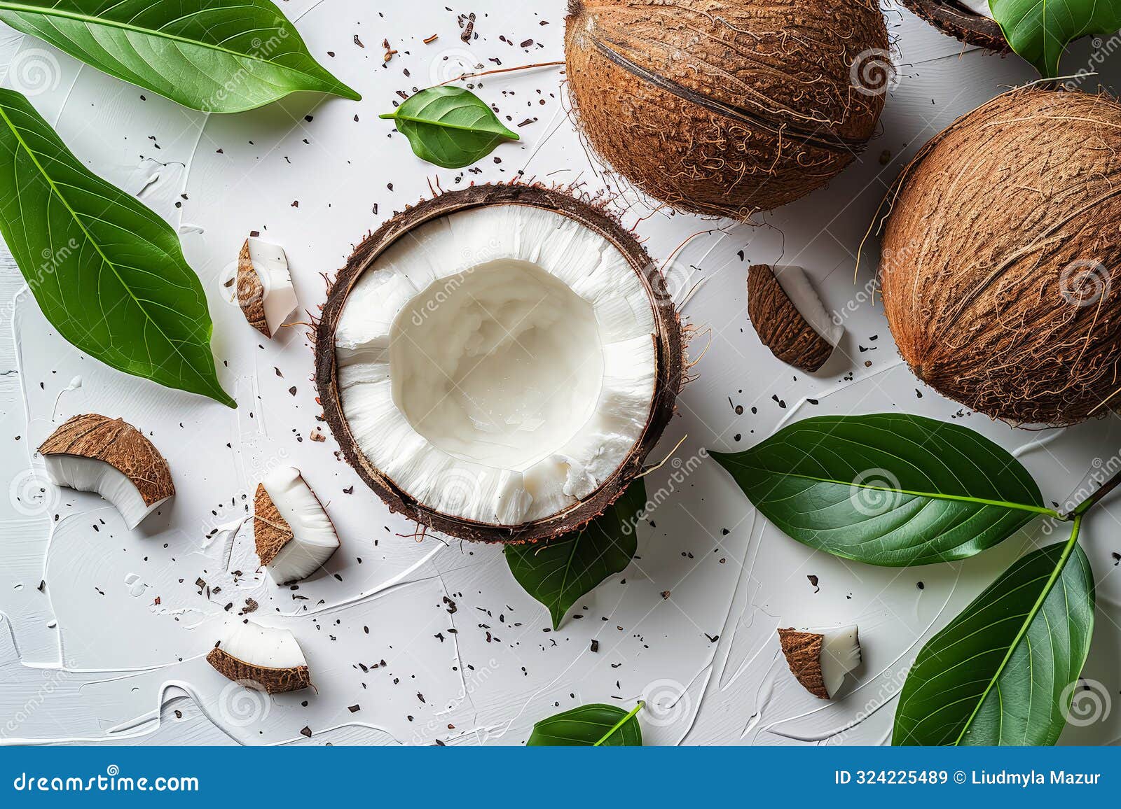 Three Coconuts with One of Them Cut Open. Stock Image - Image of vegan ...