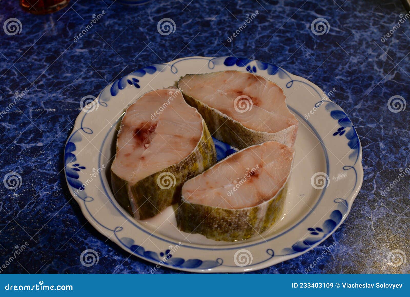 Three Cod Steaks are on a Large Plate. Stock Image - Image of three ...