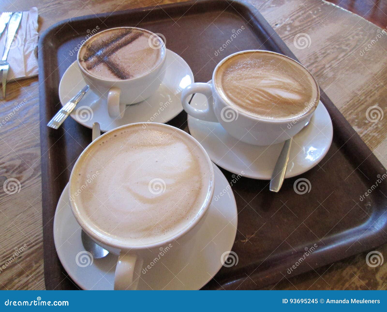 Three Coffee Beverages on a Tray Stock Image - Image of white, table ...