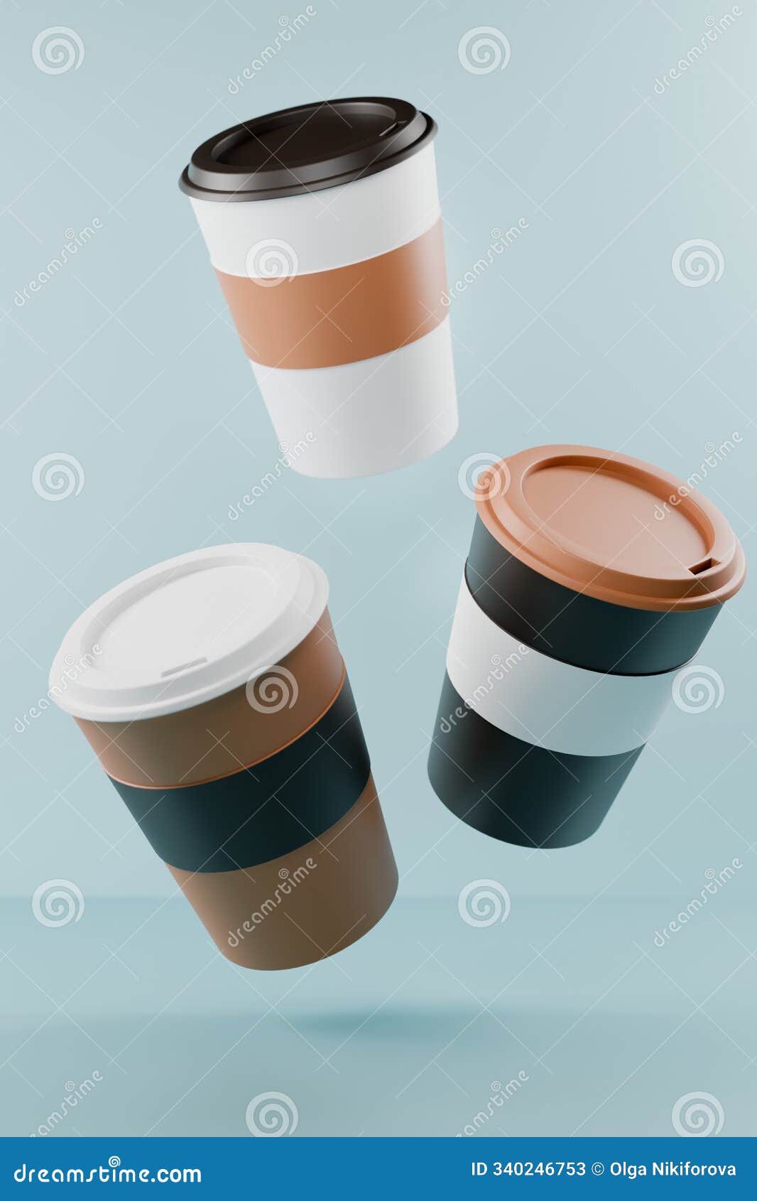 Three Coffee Cups Floating in the Air on a Light Blue Background Stock ...