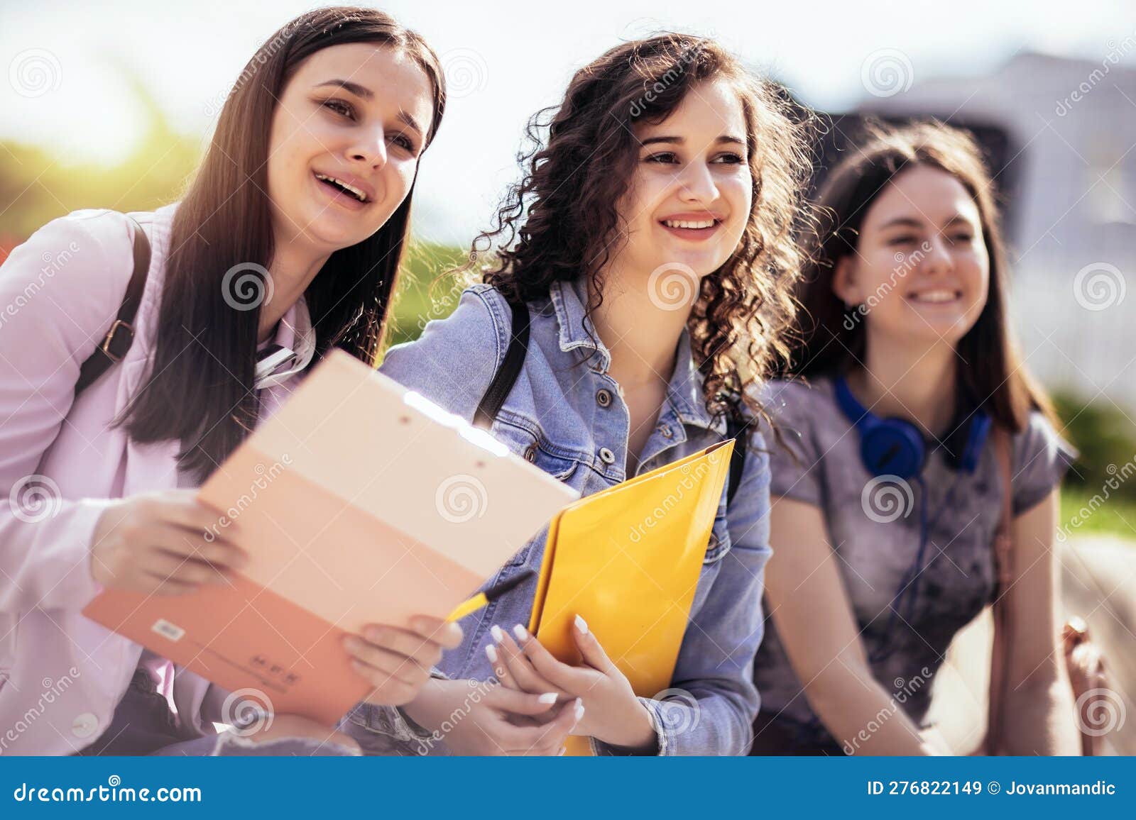Three Collage Girls Studying Outside Stock Image - Image of sitting ...