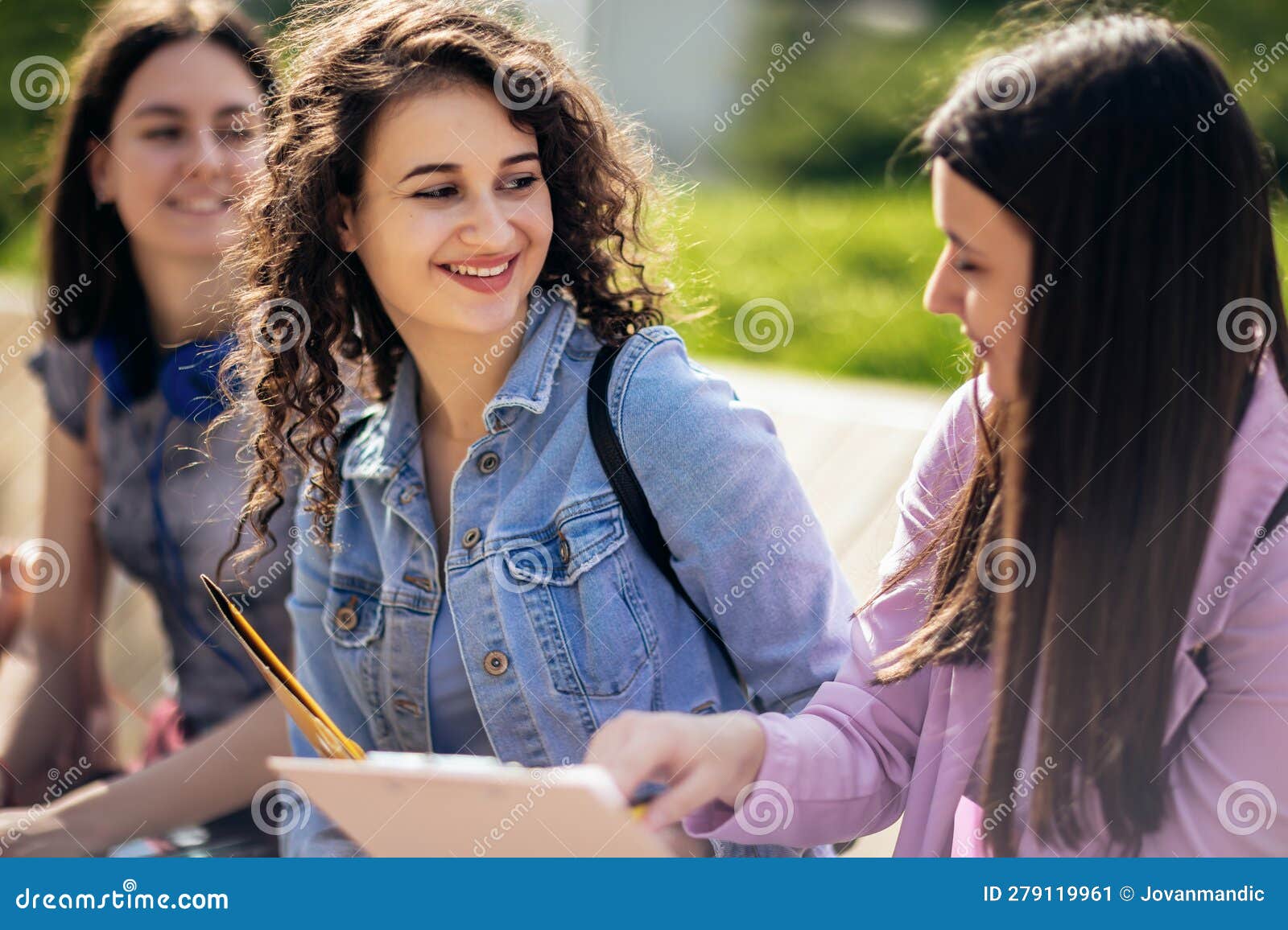 Three Collage Girls Studying Outside Stock Image - Image of collage ...