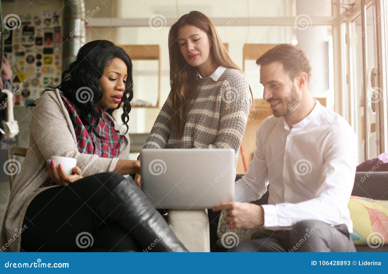 Three Colleagues Working Together on Laptop. Close Up. Stock Image - Image of coffee, laptop ...