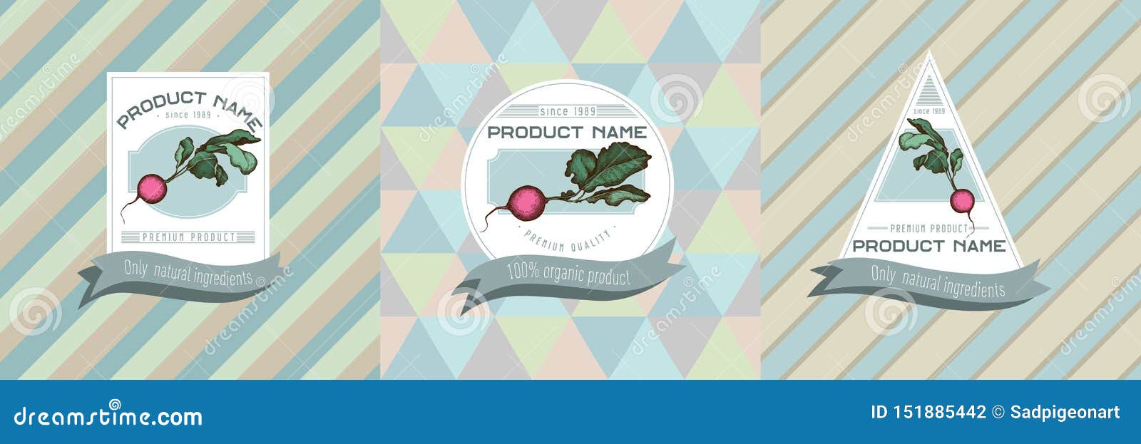 Three Colored Labels with Illustration of Radish Stock Vector ...