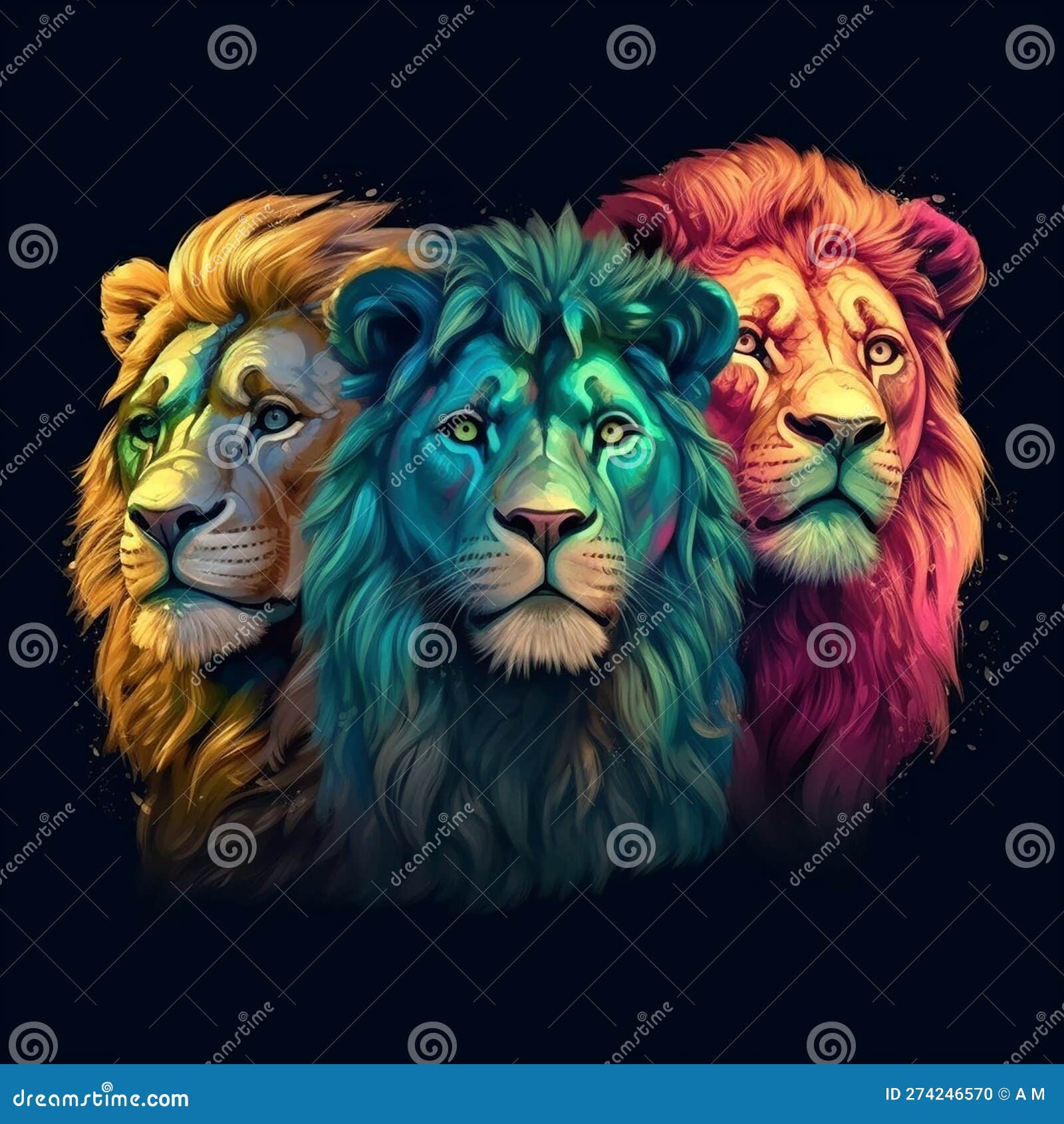 Three Colored Lions Art, Ai Generated Art Stock Illustration ...