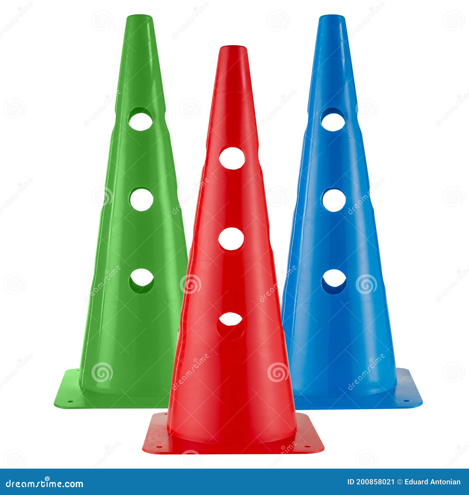 Three Colored Sports Cones, Red, Blue and Green, Stand on a White ...