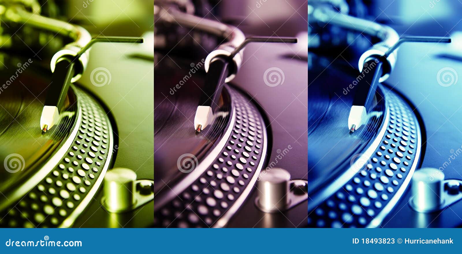 Collage Of Turntables With Vinyl Records On Different Color Backgrounds ...