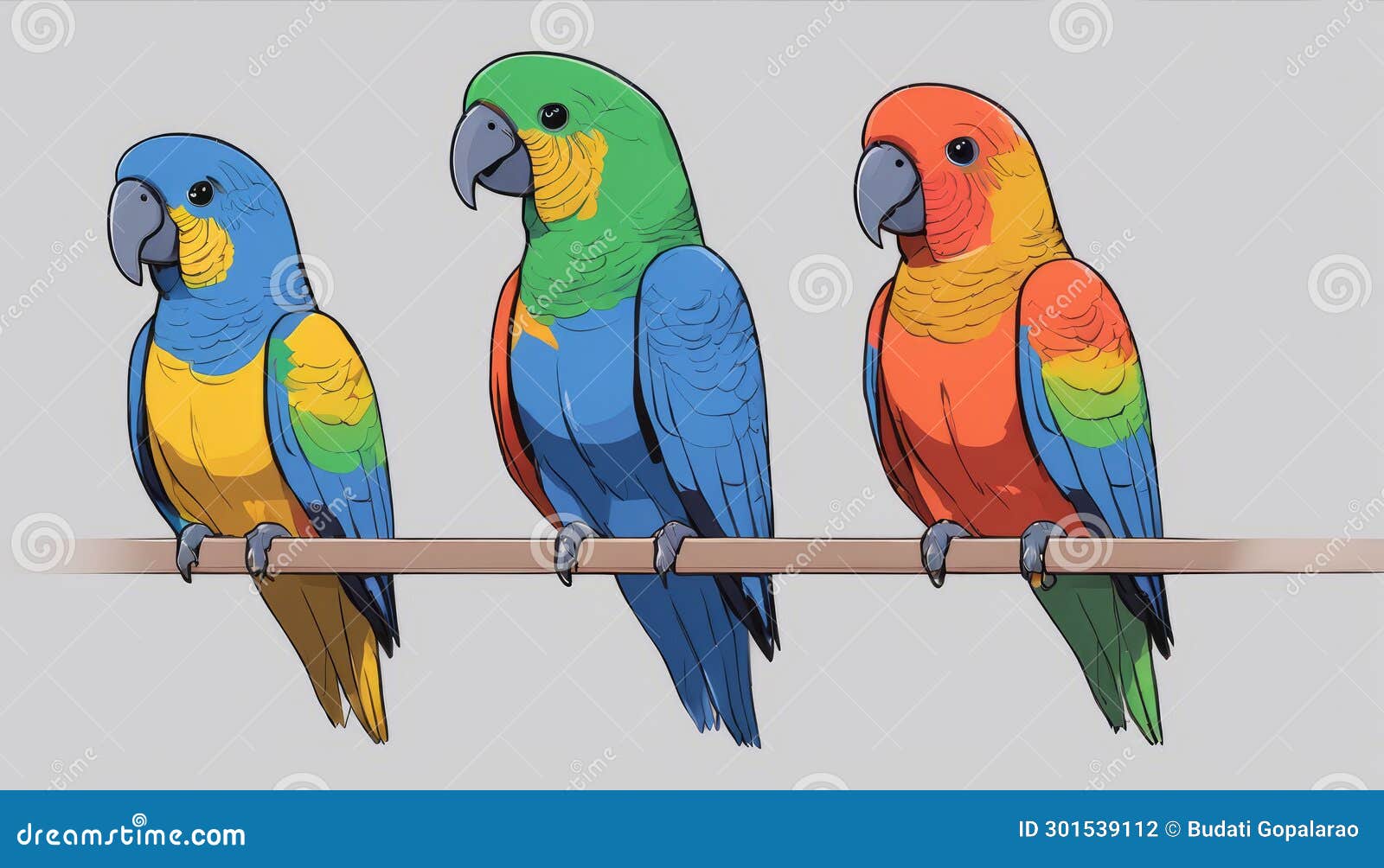 Three Colorful Birds Sitting on a Pole Stock Illustration ...