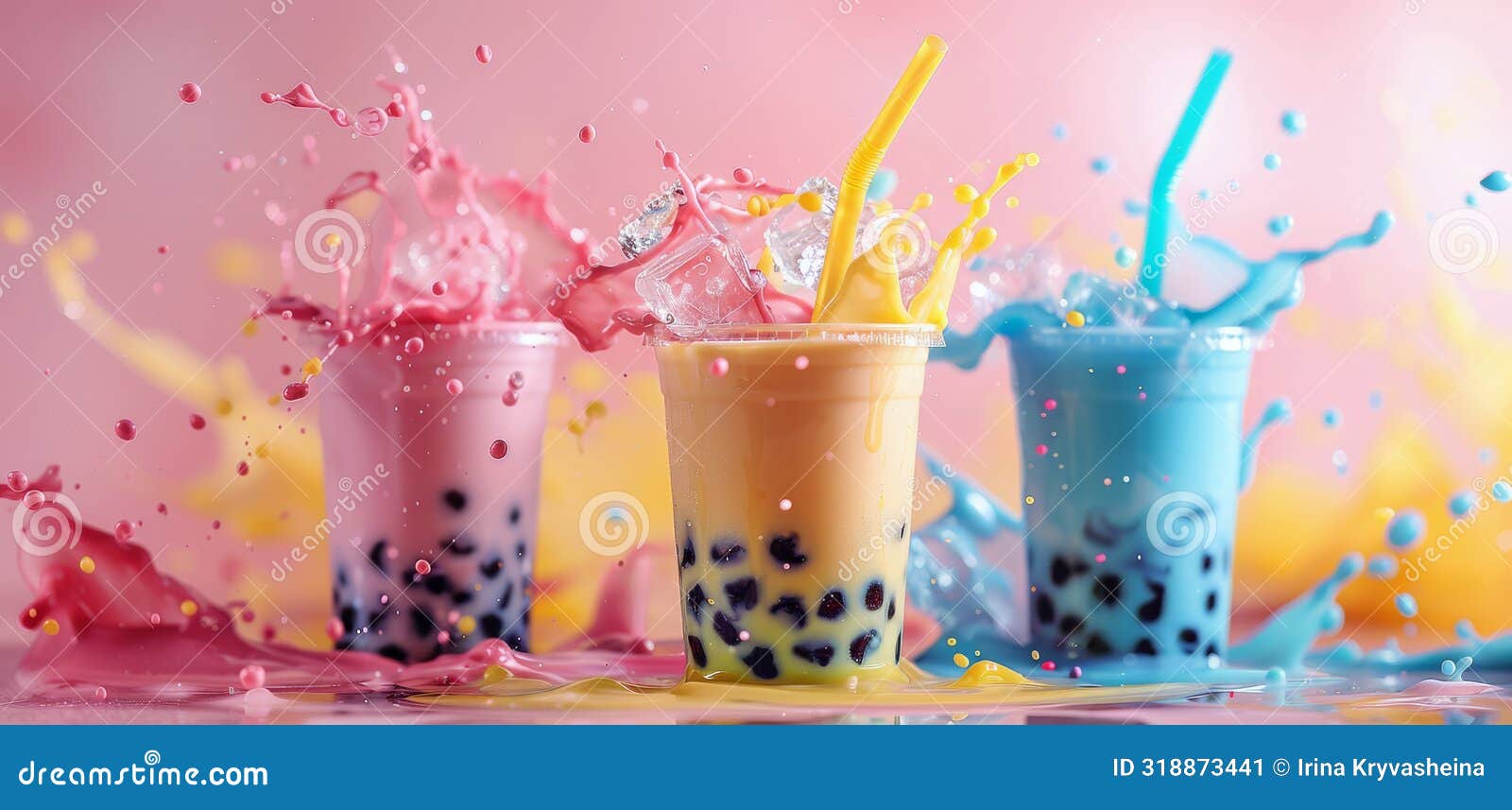 Three Colorful Bubble Tea Drinks with Splashes of Liquid Stock Image ...