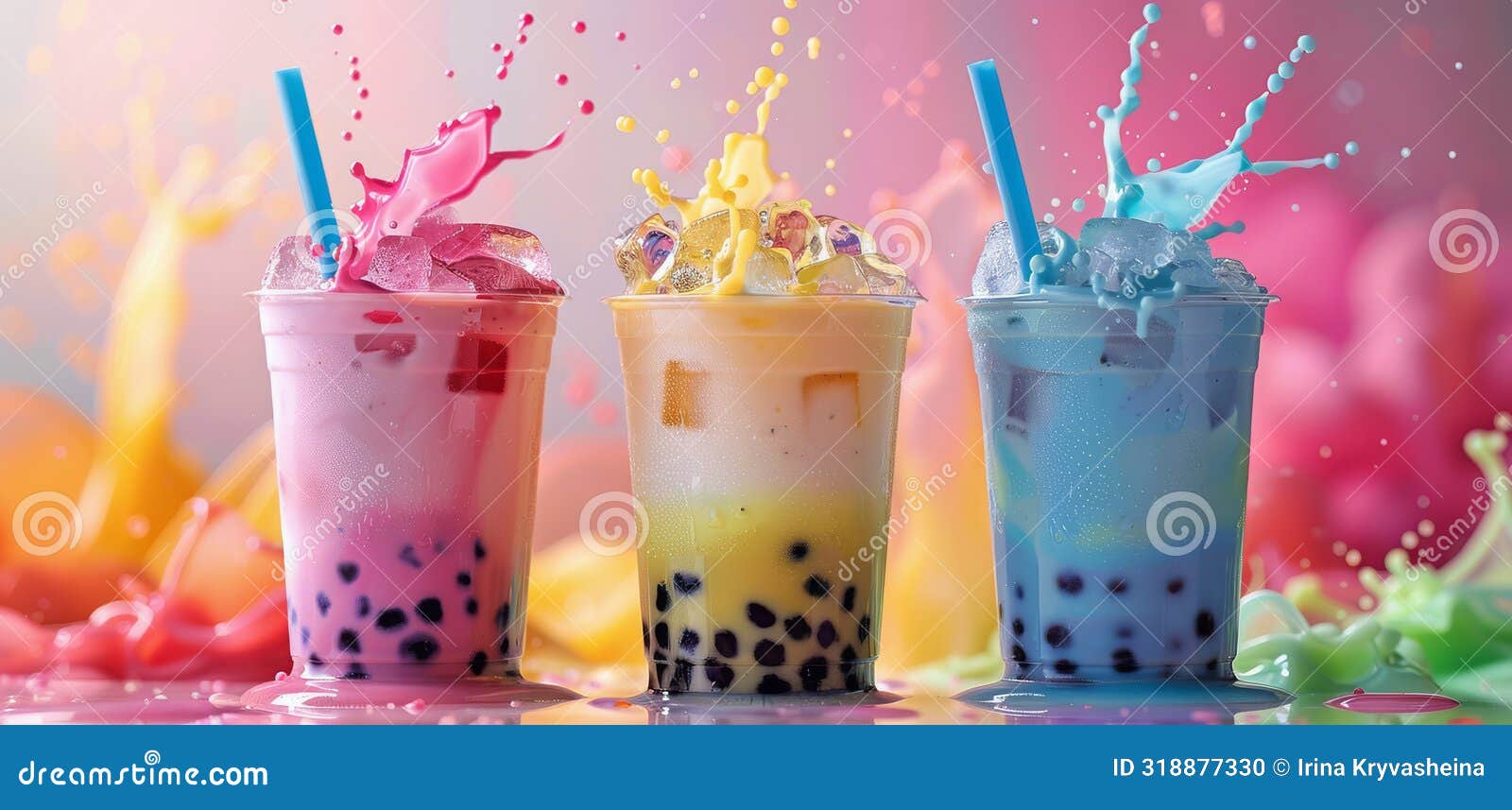 Three Colorful Bubble Tea Drinks with Splashes of Liquid Stock Photo ...