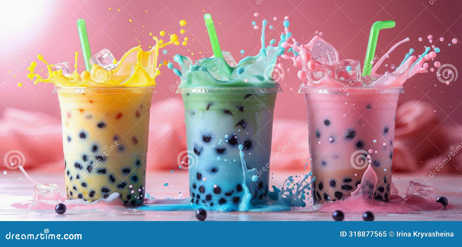 Three Colorful Bubble Tea Drinks with Splashes of Liquid Stock Image ...