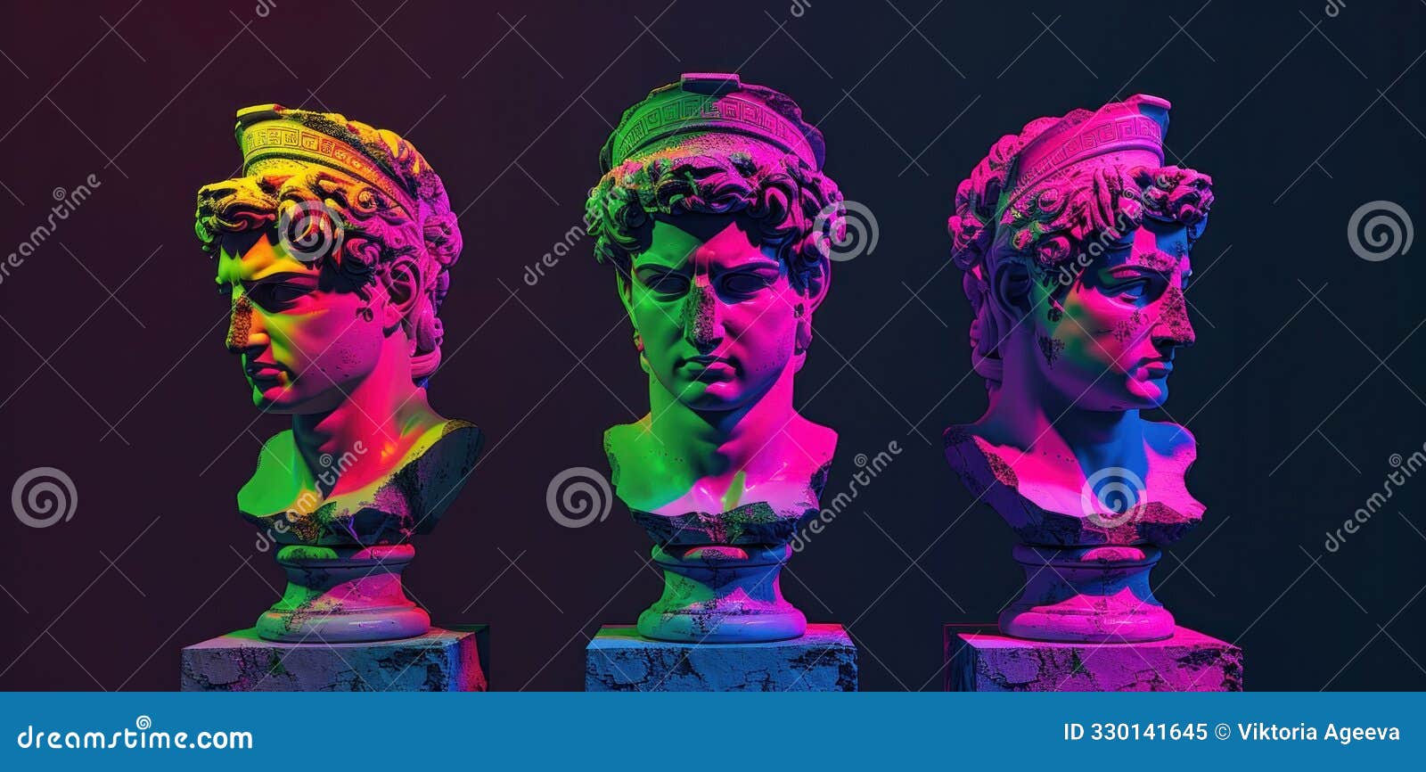 Three Colorful Busts of a Classical Statue on a Dark Gradient ...