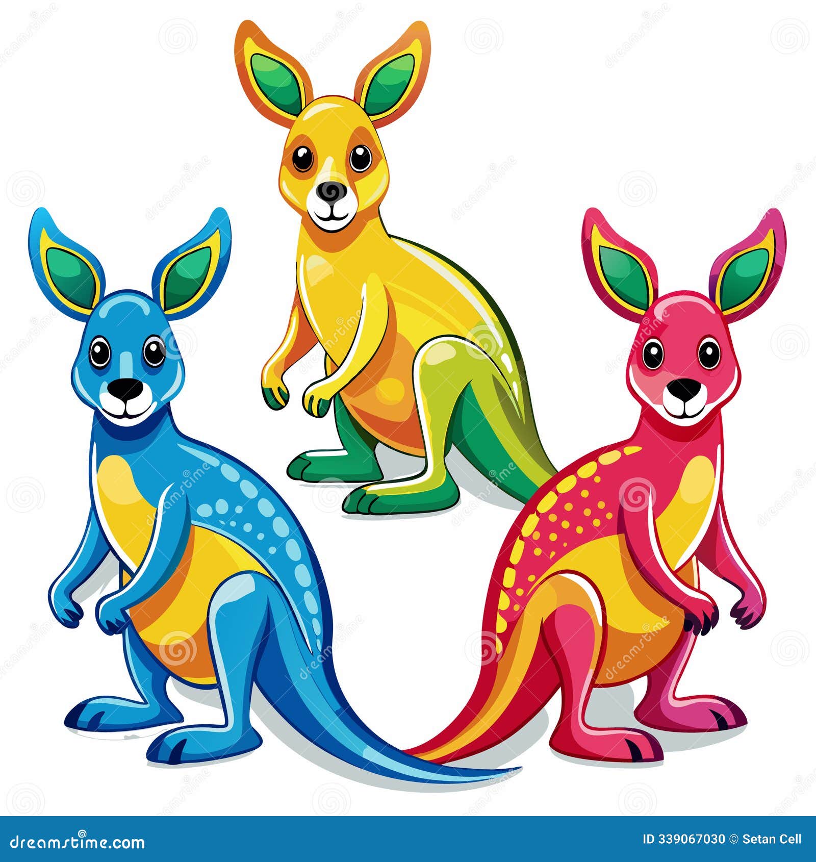 Three Colorful Cartoon Kangaroos Standing on White Background Stock ...