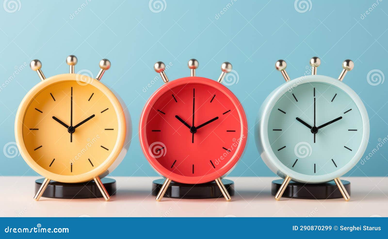 Three Colorful Clocks on a Blue Background, AI Stock Illustration ...