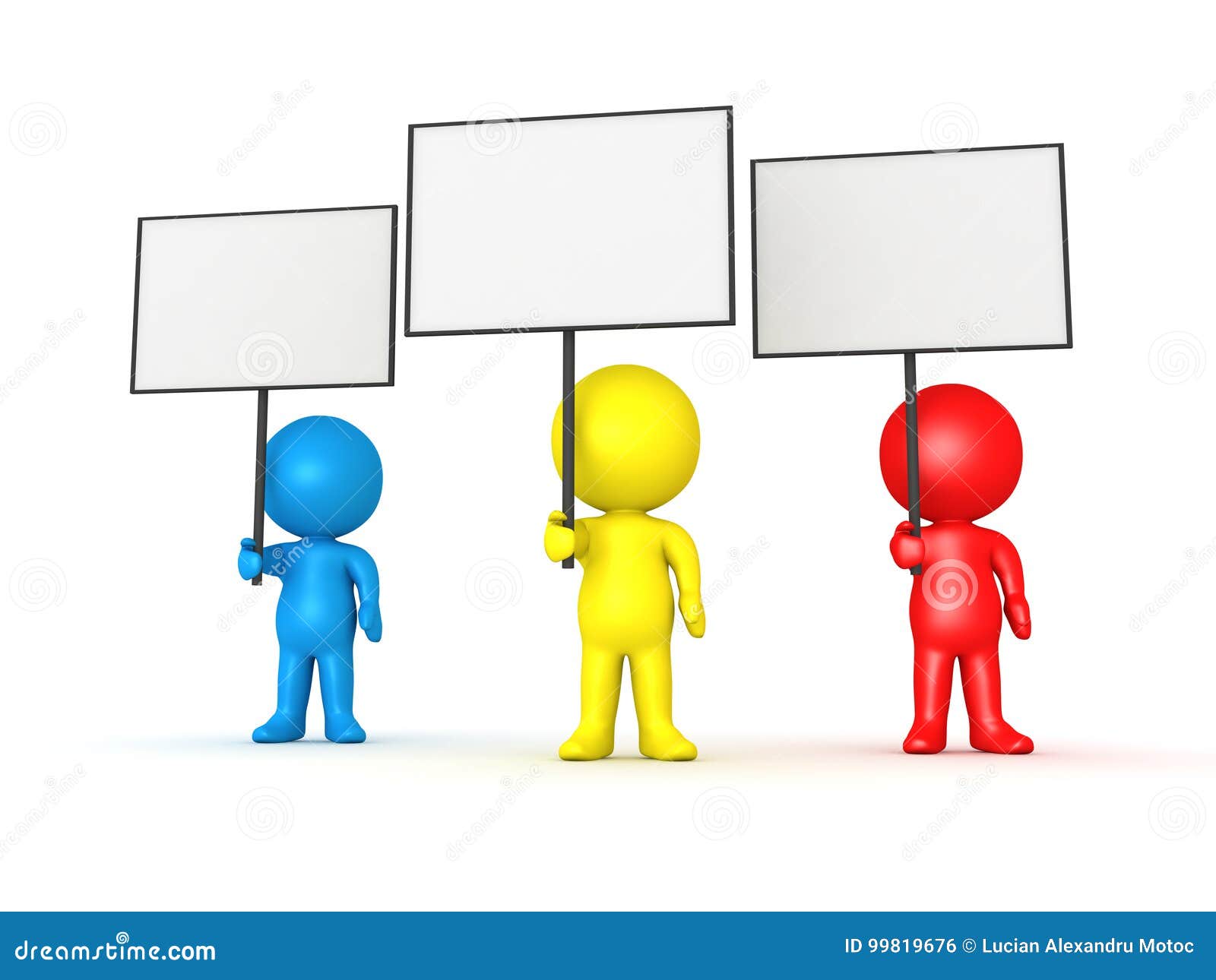 Three Colorful 3D Characters Holding Blank Sign Placards Stock ...