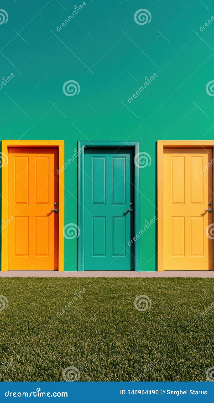 Three Colorful Doors Stand Against a Vibrant Green Wall, Creating a ...