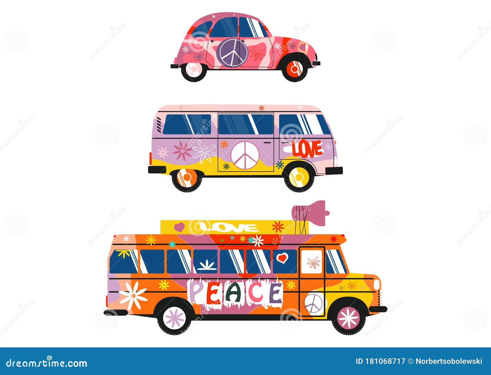 Three colorful hippie cars stock vector. Illustration of hippy - 181068717