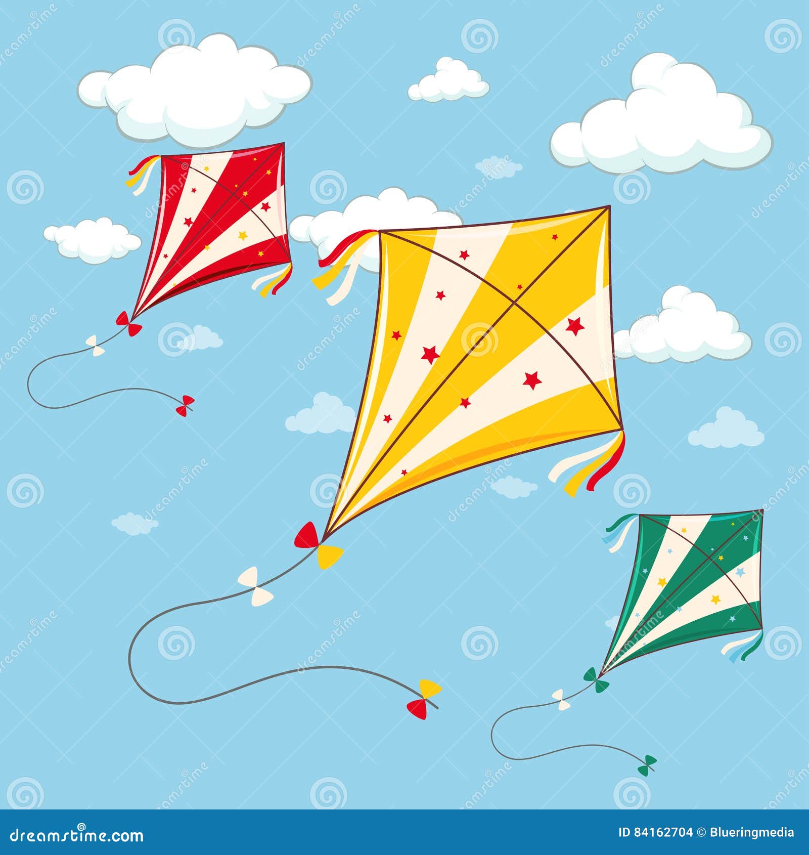 Three Kites Flying Isolated Cartoon Blue Lines Vector Illustration ...