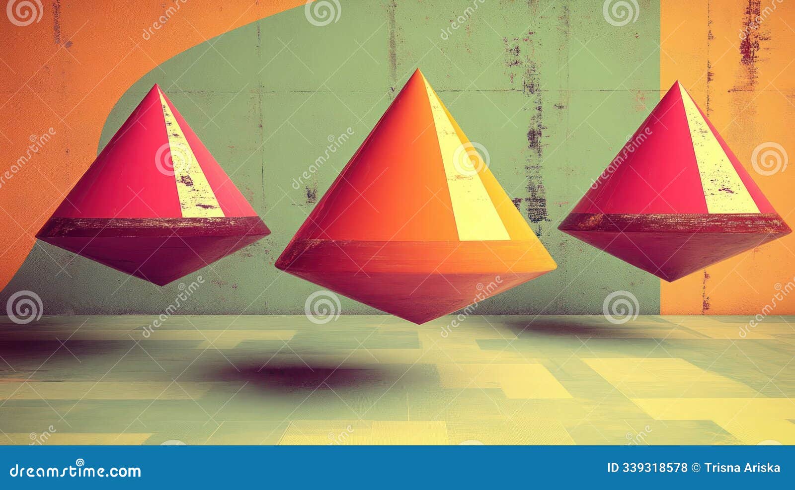 Three Colorful Pyramids Floating in a Stylized Geometric Environment ...