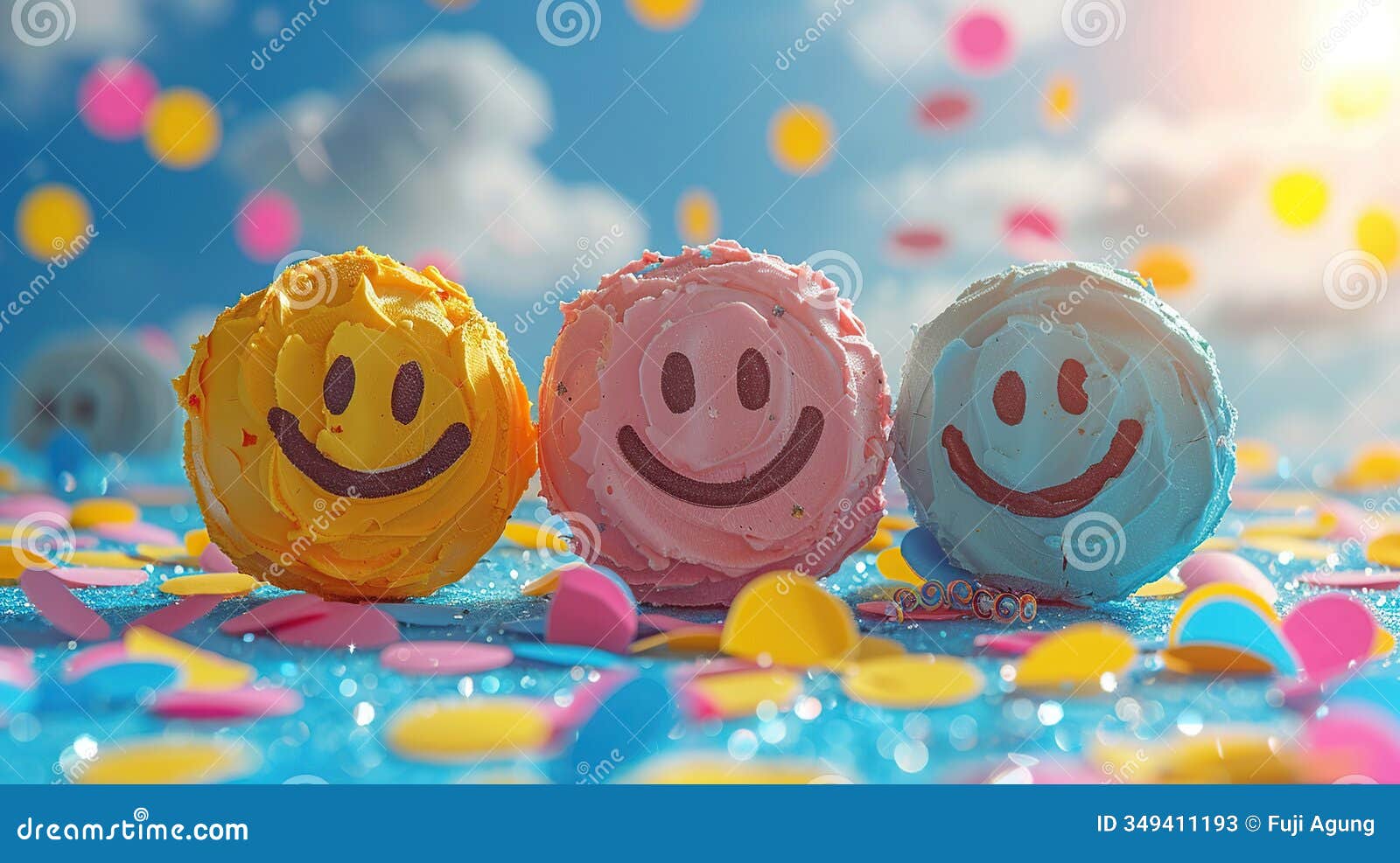 Three Colorful Smiley Faces with Confetti on a Blue Background with a ...