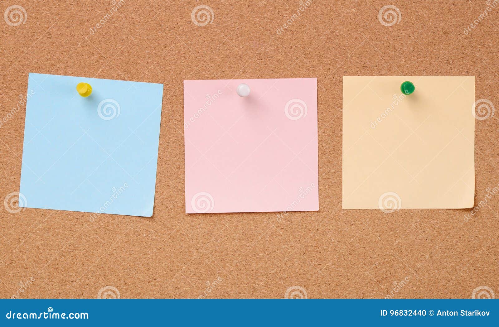 Three Colors Paper Notes on Cork Board Stock Photo - Image of cork ...