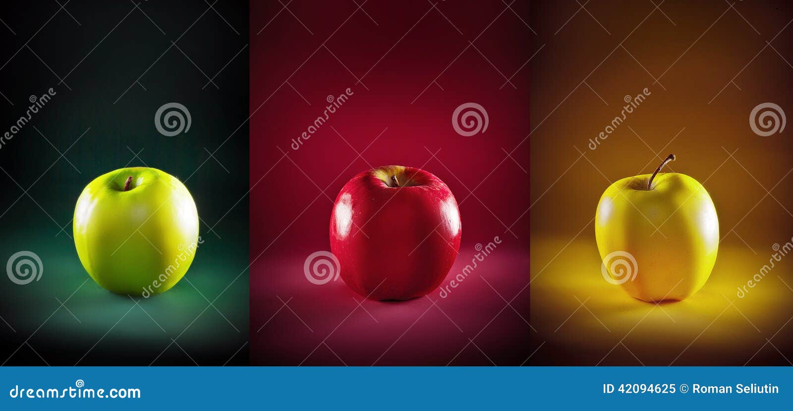 Three Coloured Apples on Different Background Stock Image - Image of ...