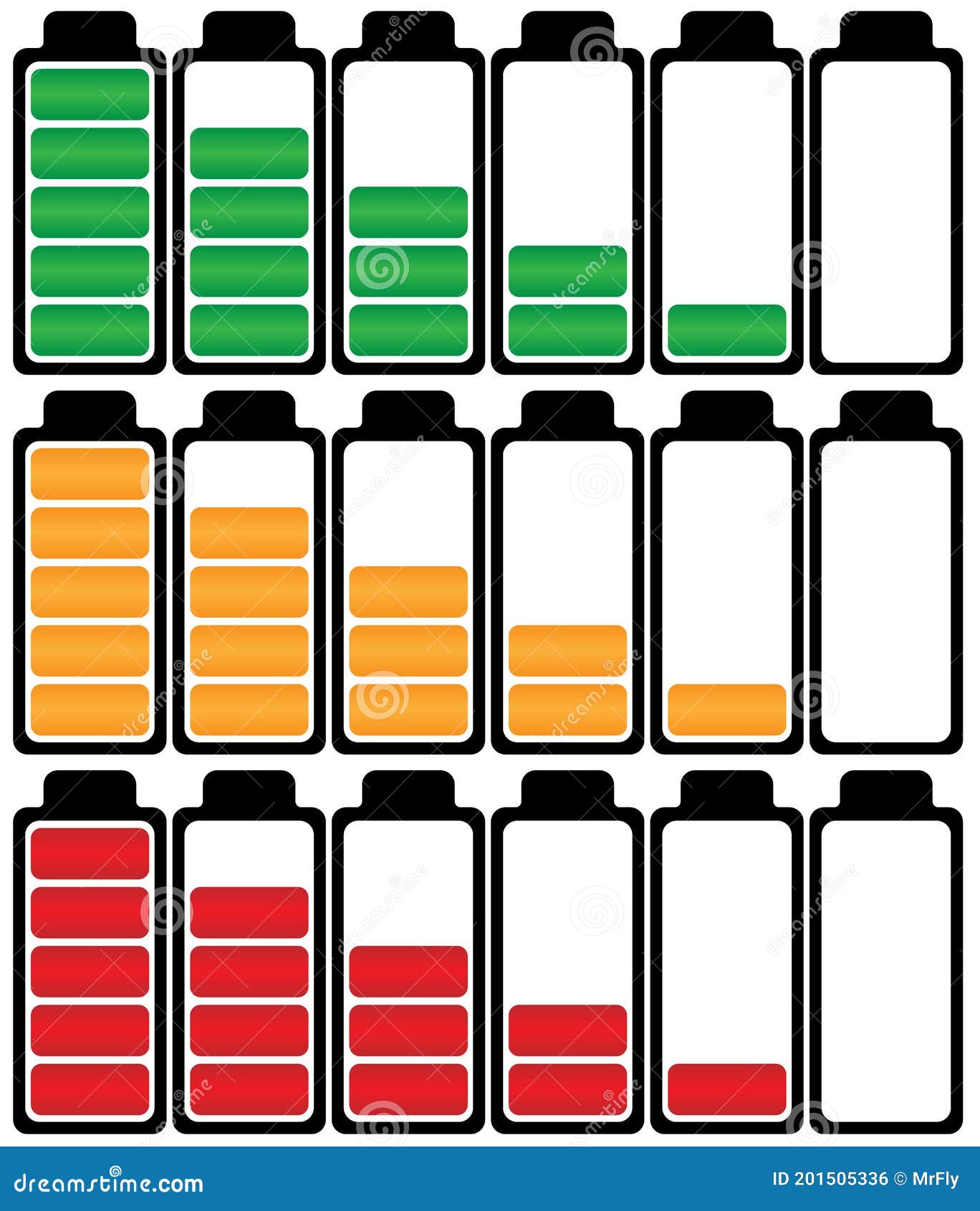 Three Colourful Battery Cells, Full and Empty, Set, Vector Illustration ...