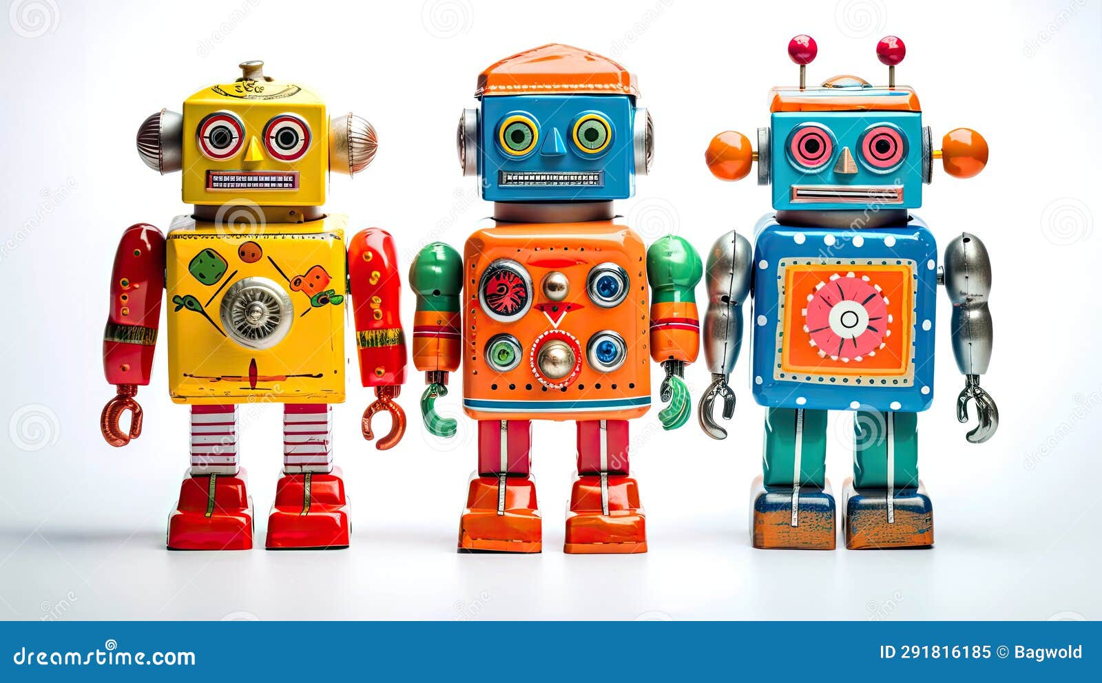 Three Colourful Surreal Retro Tin Robots on a White Background Stock ...