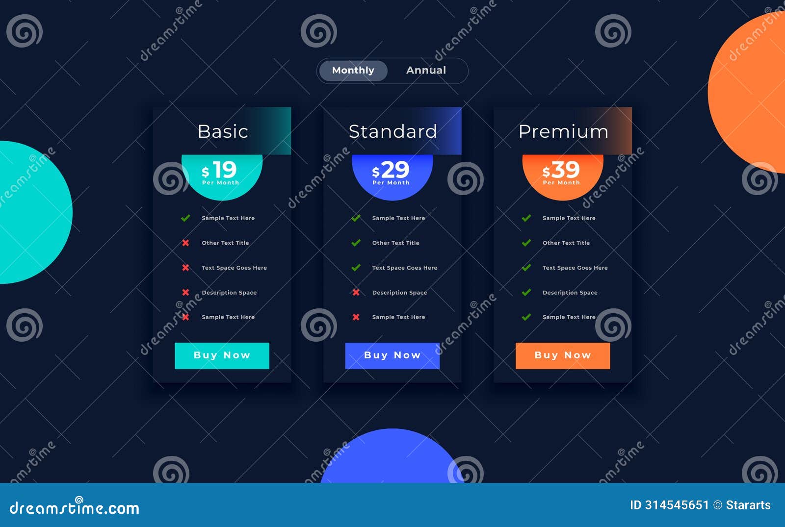 Three Column Price Menu Template for Web Apps Stock Vector ...