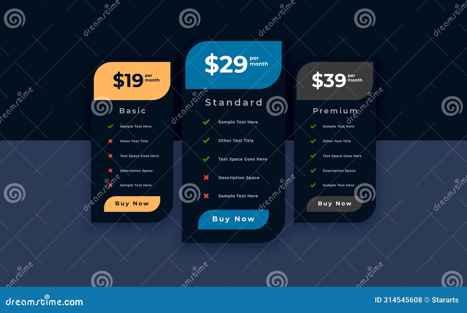 Three Column Price Table Layout for Website Subscription Stock Vector ...
